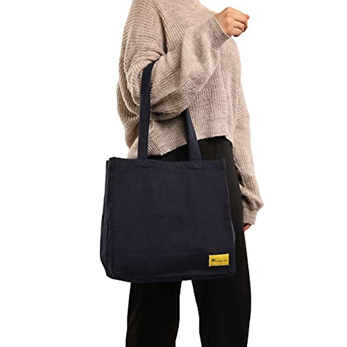 JOORY Premium Cotton Canvas Tote Bag with 6 Internal Pockets – Washable Heavy-Duty Cotton Canvas Bag with Reinforced Stitching Dark Blue