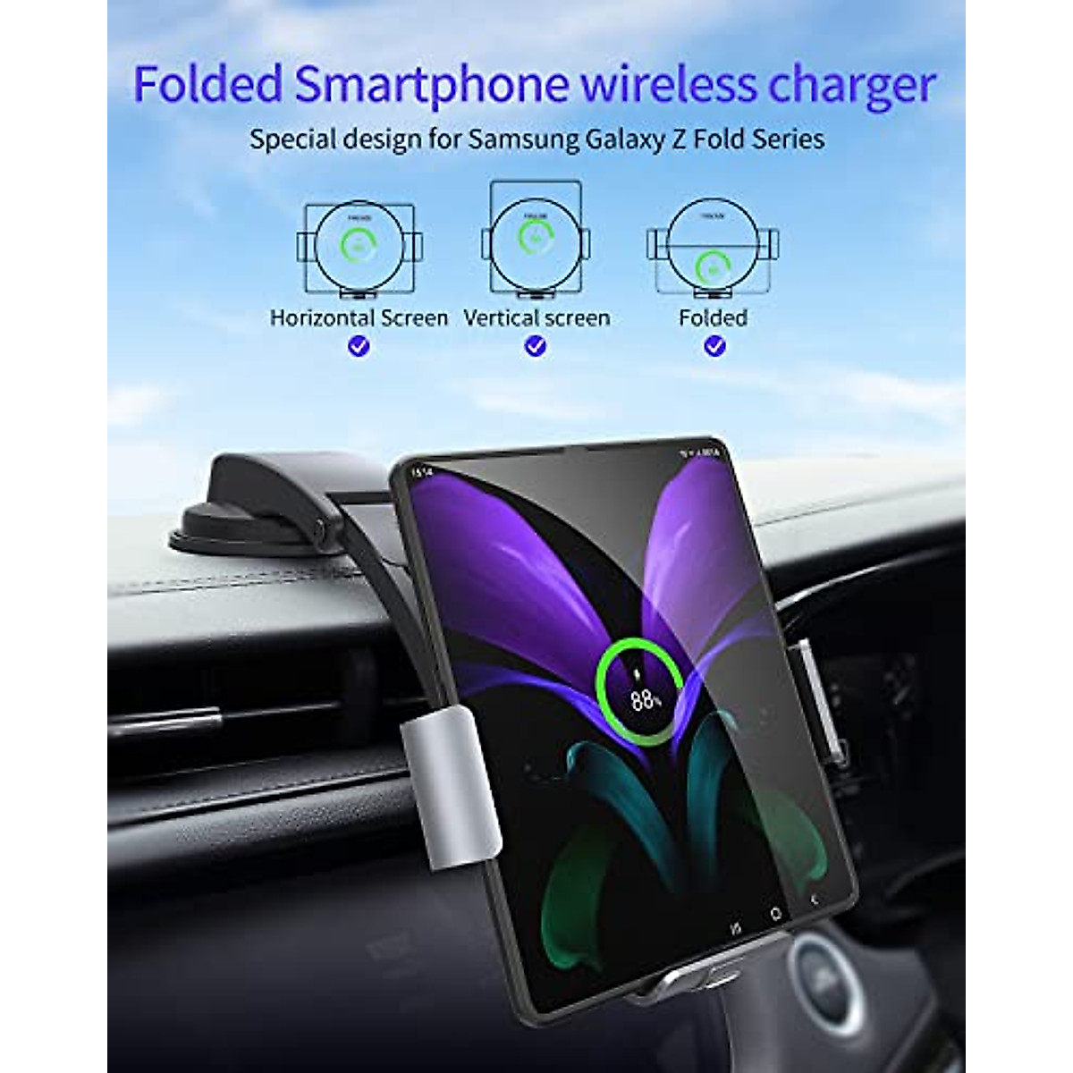 MAKAQI Wireless Car Charger for Galaxy Z Fold 4/3/2, Dual Coil Auto Clamping Wireless Car Charger Mount for iPhone 14/13/12/11 Pro Max/X, Fast Charging Car Holder for Galaxy Z Fold
