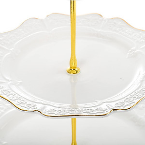 Lyellfe 3 Tier Ceramic Cupcake Stand, White Embossed Dessert Cake Stand with Gold Rim, Decorative Tea Party Serving Platter, Tea Sandwich Tray for Party, Wedding, Candle Light Dinner