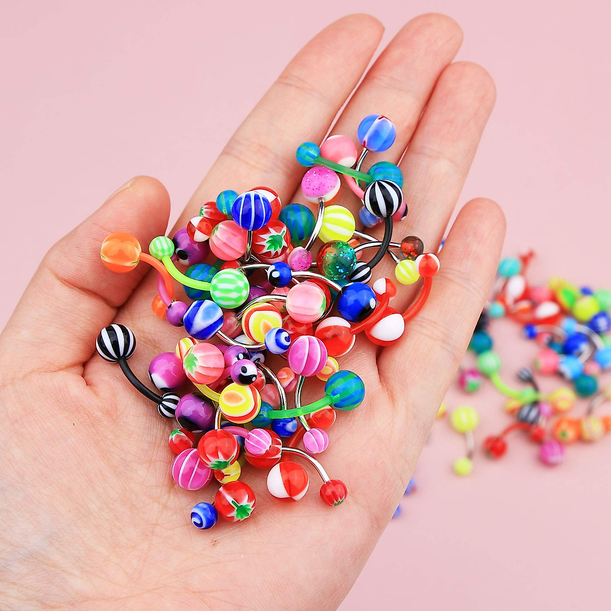 CM Crareesi Mania 50PCS Belly Rings Pack Random Belly Button Bars Stainless Steel/Acrylic Banana Barbells Navel Barbell for Navel Piercing Jewellery
