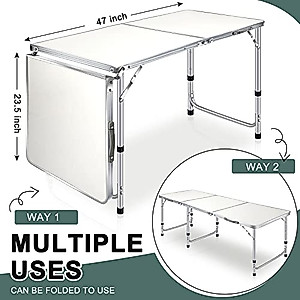 Queekay 6ft Folding Camping Table, Portable Aluminum Folding Table Lightweight Tri Fold Outdoor Table with 3 Adjustable Heights Legs for Picnic, Party, Beach, BBQ, 71 x 24 Inch (1)