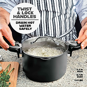 GOTHAM STEEL 5 Quart Stock Pot Multipurpose Pasta Pot with Strainer Lid & Twist and Lock Handles, Nonstick Cooking Pot + Pasta Strainer Pot with Lid, Spaghetti Pot, Oven/Dishwasher Safe - BLACK