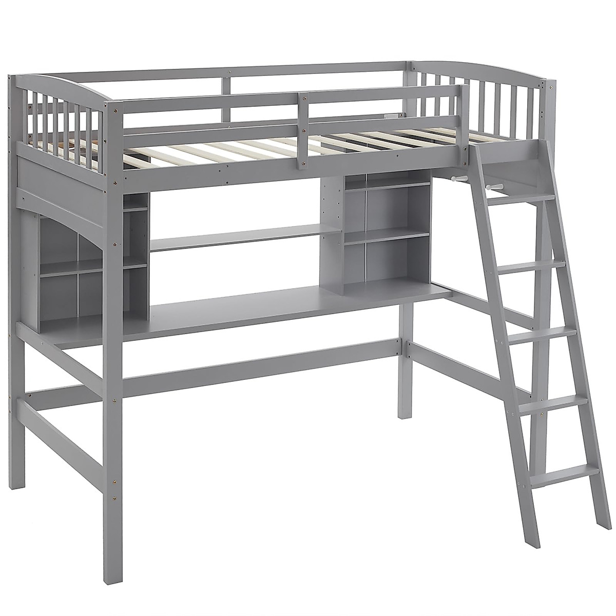Karl home Loft Bed Twin Size, Wood Bed Frame with Safety Guardrails and Inclined Ladders, Bunk Bed with Desk and Shelves, Grey