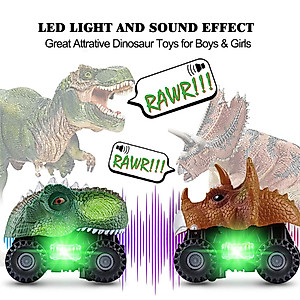Whongkidz Dinosaur Toy Cars 2 Pack Set for Boys Girls Toddler Kids Toys Dino Car with LED Lights and Sounds Effect Automatic Dino Truck