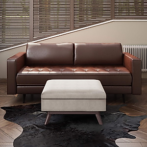 SIMPLIHOME Owen 34 inch Wide Mid Century Modern Rectangle Coffee Table Storage Ottoman in Natural Linen Look Fabric, Assembled, for the Living Room, Entryway and Family Room
