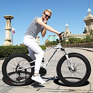 Fat Tire Mountain Bike, 26'' 21 Speed Outdoor Snow Beach Hybrid MTB Racing Bikes for Adult Women Men, Comfort Complete Cruiser Bicycle, Lightweight City Commuter Road Cycling, Dual Disc Brakes (F)