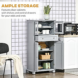 HOMCOM 52" Traditional Kitchen Pantry, Floor Storage Cabinet, Small Cupboard Organizer with Adjustable Shelves and 4-Doors for Dining Room, Living Room, Grey