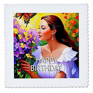 3dRose Happy Birthday. Stunning Young Lady, Flowers, Garden,... - Quilt Squares (qs-379060-5)