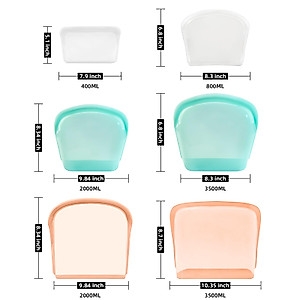 KVK Platinum Silicone Reusable Storage Bags - 8 Pack Food Meal Prep Container for Lunch, Travel, Makeup Bag - Oven Dishwasher Freezer Safe - Clear&Orange&Teal