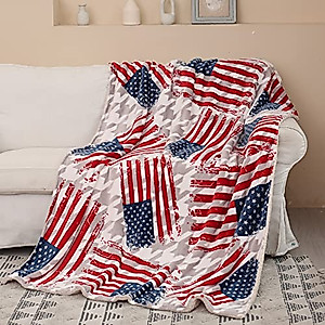 Catalonia Classic American Flag Blanket, Flannel Sherpa Throw, Fuzzy Reversible Blanket for Home Decor, 50" x 70"