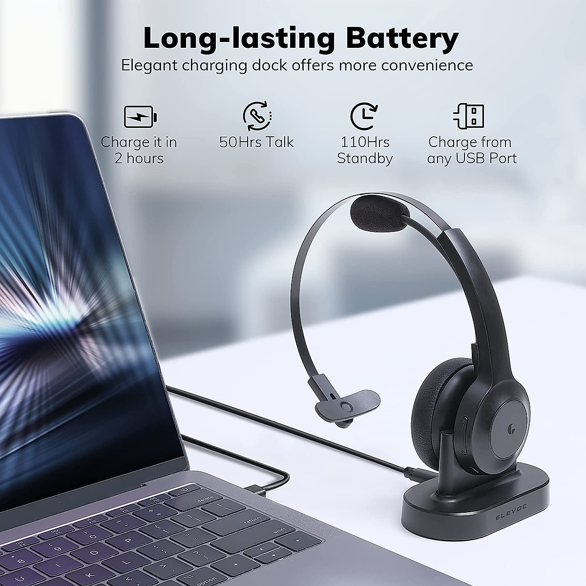 ELEVOC Trucker Bluetooth Headset with Microphone Noise Cancelling & Mute Button Telephone Headsets for PC Cell Phones Wireless On-Ear Headphone with Charge Stand for Zoom Meetings Skype Home Office