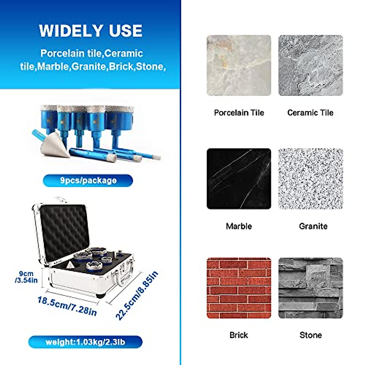 Diamond Core Drill Bit Set - BRSCHNITT Diamond Hole Saw Kit for Porcelain Tile Ceramic Marble Granite Drilling, 9pcs Diamond Drill Bits 6/8/10/20/25/32/35/50mm bits &1 3/8“ Chamfer bit