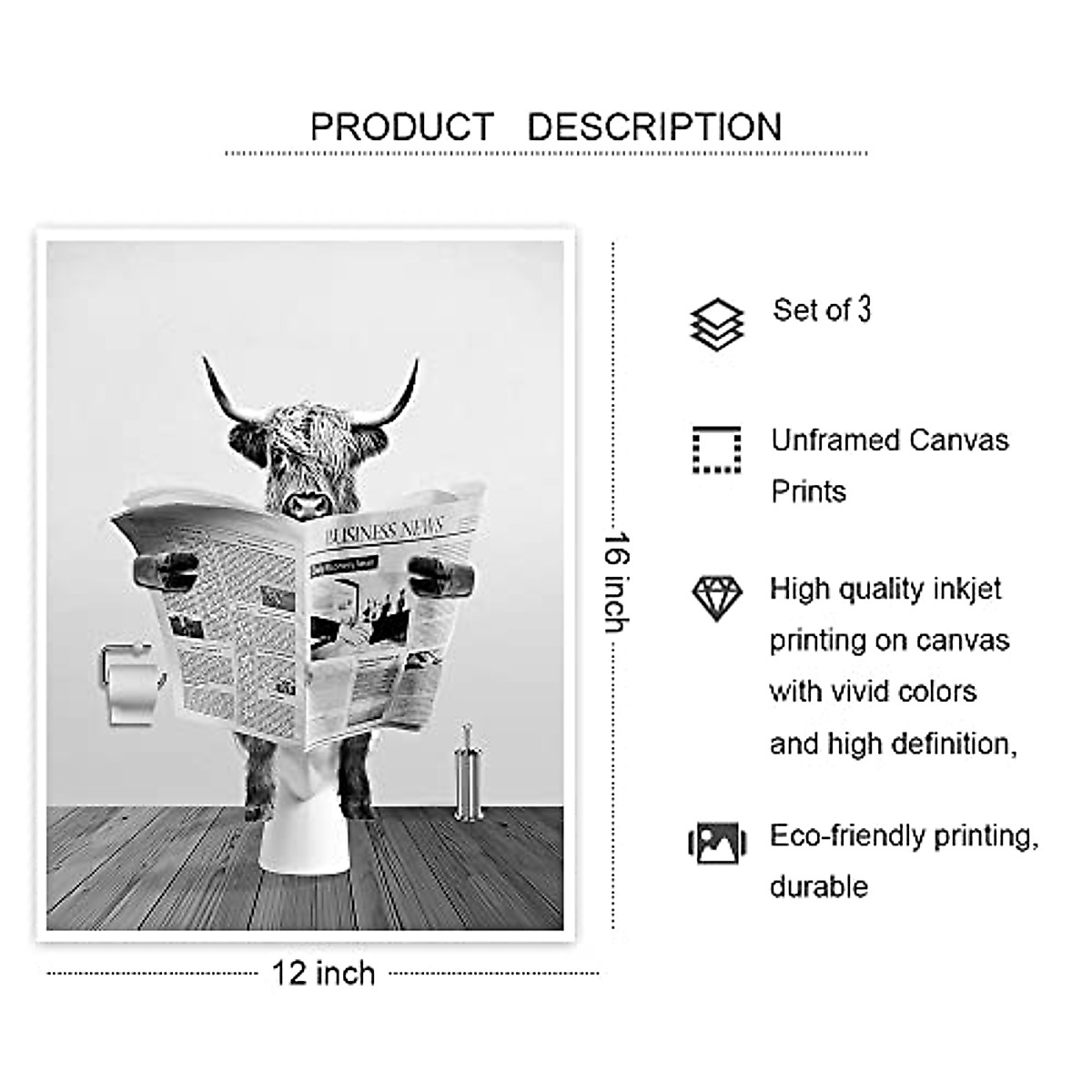 YLYYOO Funny Highland Cow Bathroom Wall Art,black and White Canvas Wall Art Farmhouse Bathroom Wall Decor,highland Cow Pictures Prints for Wall Decor Set of 3 Unframed. (Black,3PCS-12"x16"-Unframed)