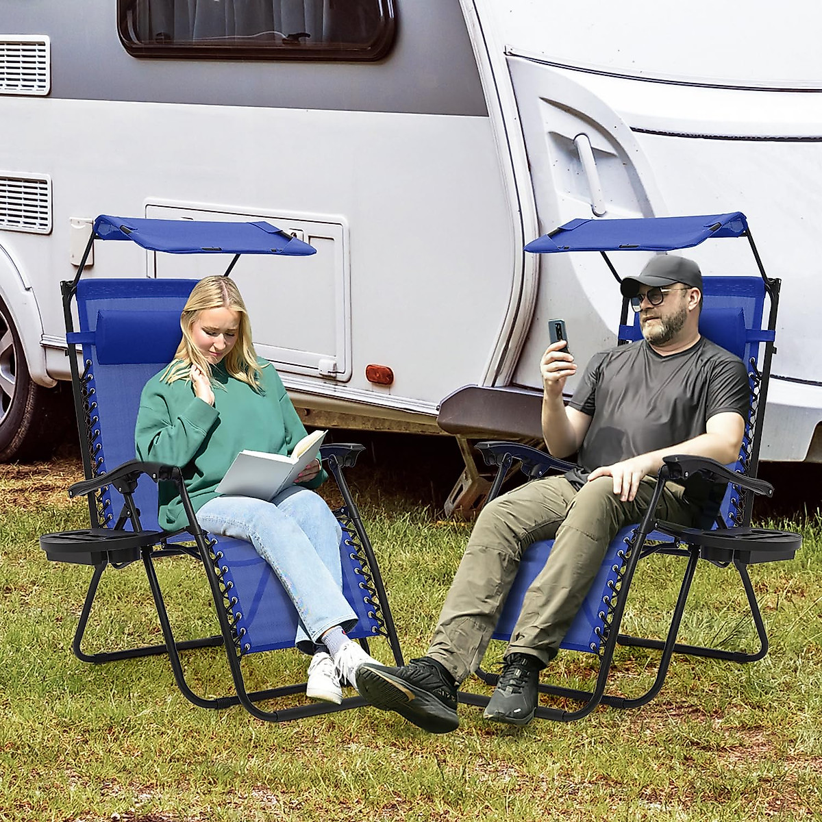 Magshion Set of 2 Outdoor Zero Gravity Chair Reclining Lounger with Sun Shade and Mesh Back, Cup Holder & Side Table, Support 300lbs, Blue