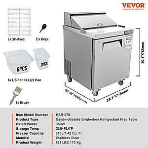 VEVOR Commercial 7.42 Cu. Ft Sandwich/Salad Table Stainless Steel Food Prep Station Fridge with 8 Pan, for Restaurant, Bar, Shop, 28" W Refrigerator Single Door, Silver
