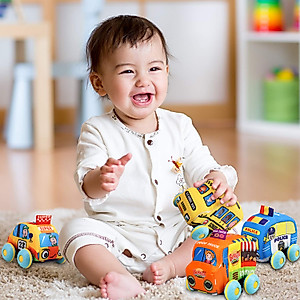 TOY Life Soft Pull Back Cars for Toddlers - Pull Back Vehicles Soft Baby Toys - Kids Car Toys 4 Pack with Soft Plush Toy Texture Baby Car Toys - Gift for Any Occasion Cars for Toddlers 1-3 Year Old