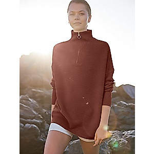 ANRABESS Oversized Sweater for Women Quarter Zip Pullover Casual Long Sleeve Half Zip Collared Lapel V Neck Baggy Slouchy Knitted Tunic Jumper Clothes 2023 Fall 802xiuhong-M Rust