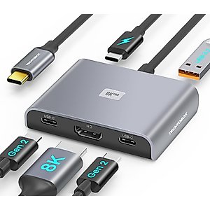 TECHTOBOX USB-C Hub with 8K HDMI Port,2 USB-C Gen2 and USB 3.1 10Gbps Data Port,100W PD,5-in-1 USB Type C Hub Multiport Adapter for MacBook Pro/Air,iPad,Surface Pro,Chromebook and More