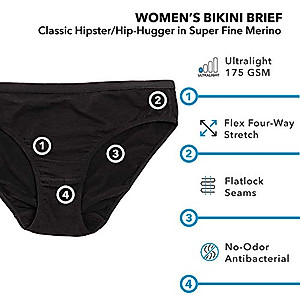 Woolly Clothing Women's Merino Wool Bikini Brief - Ultralight - Wicking Breathable Anti-Odor - Black size:X-Small