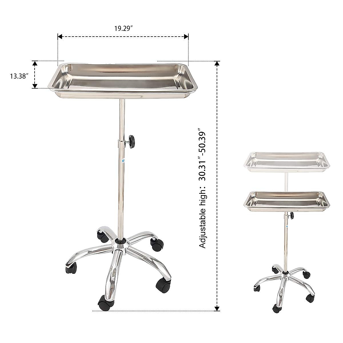 Konmee Upgraded Mayo Instrument Stand with Mobile 5 Caster Base Mobile Medical Doctor Tattoo Spa Salon Service Instrument Procedure Trays with Lift Out Work Tray