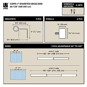 Umbra Cappa Curtain Rod, Includes 2 Matching Finials, Brackets & Hardware, 66 to 120-Inches, Black