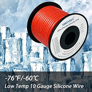 Shonsin 10 Gauge Silicone Wire Spool 50FT Red, Extremely Flexible 10 AWG Automotive Wire, 1050 * 0.08mm Tinned Stranded Copper (5.3mm2) High Temp 392℉/200℃ Rating 46 Amp 600V