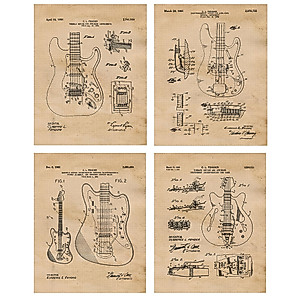 Vintage Electric Guitars Patent Prints, 4 (8x10) Unframed Photos, Wall Art Decor Gifts Under 20 for Home Office Man Cave Studio College Student Teacher Coach Rock Roll Band Leo Fender Fan