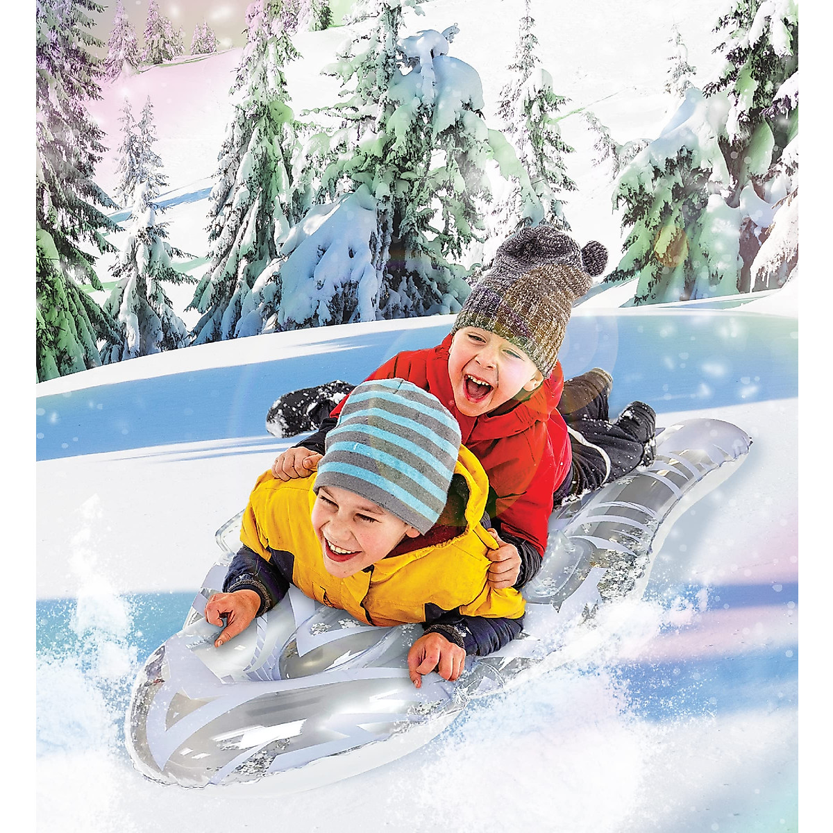 POZA Inflatable Silver Snow Boogie Sled – Luxurious Snow Sled with Handles and Filled with Silver Snowflake Confetti – Premium Heavy Duty Cold Resistant PVC Sled for Adults and Kids – 44 Inch