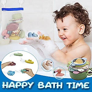 Baby Bath Toys for Toddlers 1-3, 16PCS Bath Squirt Toys with Hole, Silicone Bath Toys Contains 7 Stacking Cups and 3 Boats and 6 Animals, Best Shower Water Toys for Boys and Girls