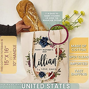 Personalized Mothers Day Canvas Gift Bag w/Names - Customized Floral Mom Large Goodie Bags Custom Tote for Mother's Gifts Mommy Grandma from Daughter Son, C1, Beige, ''15”x16” inches