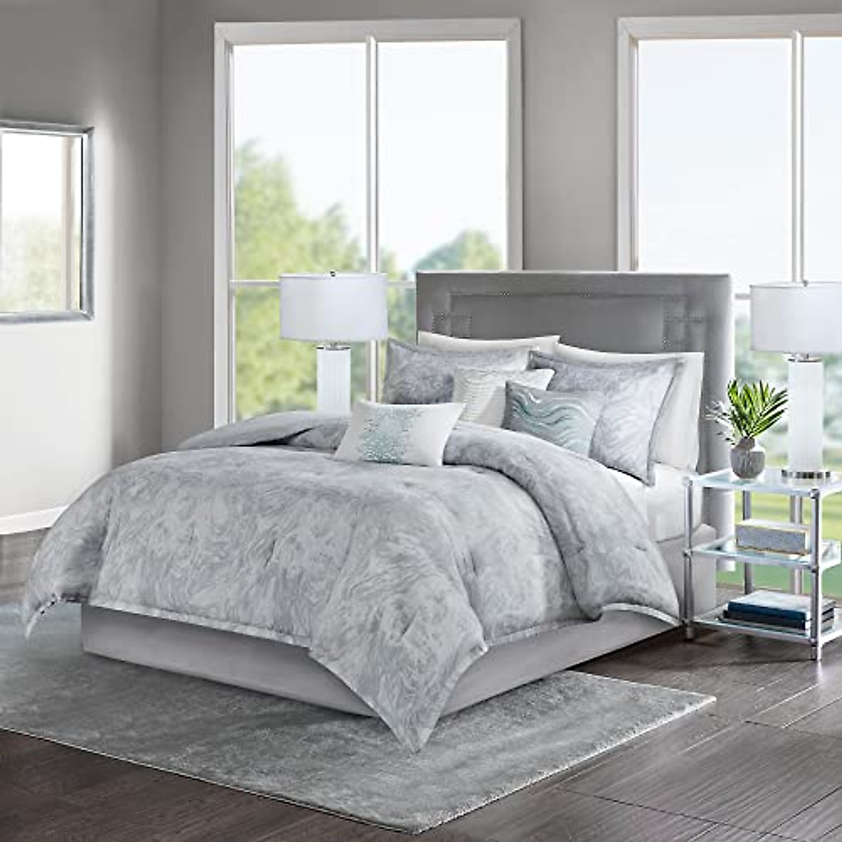 Madison Park Emory Cozy Cotton Comforter Set, Modern Marble Design All Season Down Alternative Casual Bedding with Matching Shams, Decorative Pillows, Queen(90"x90"), Grey 7 Piece