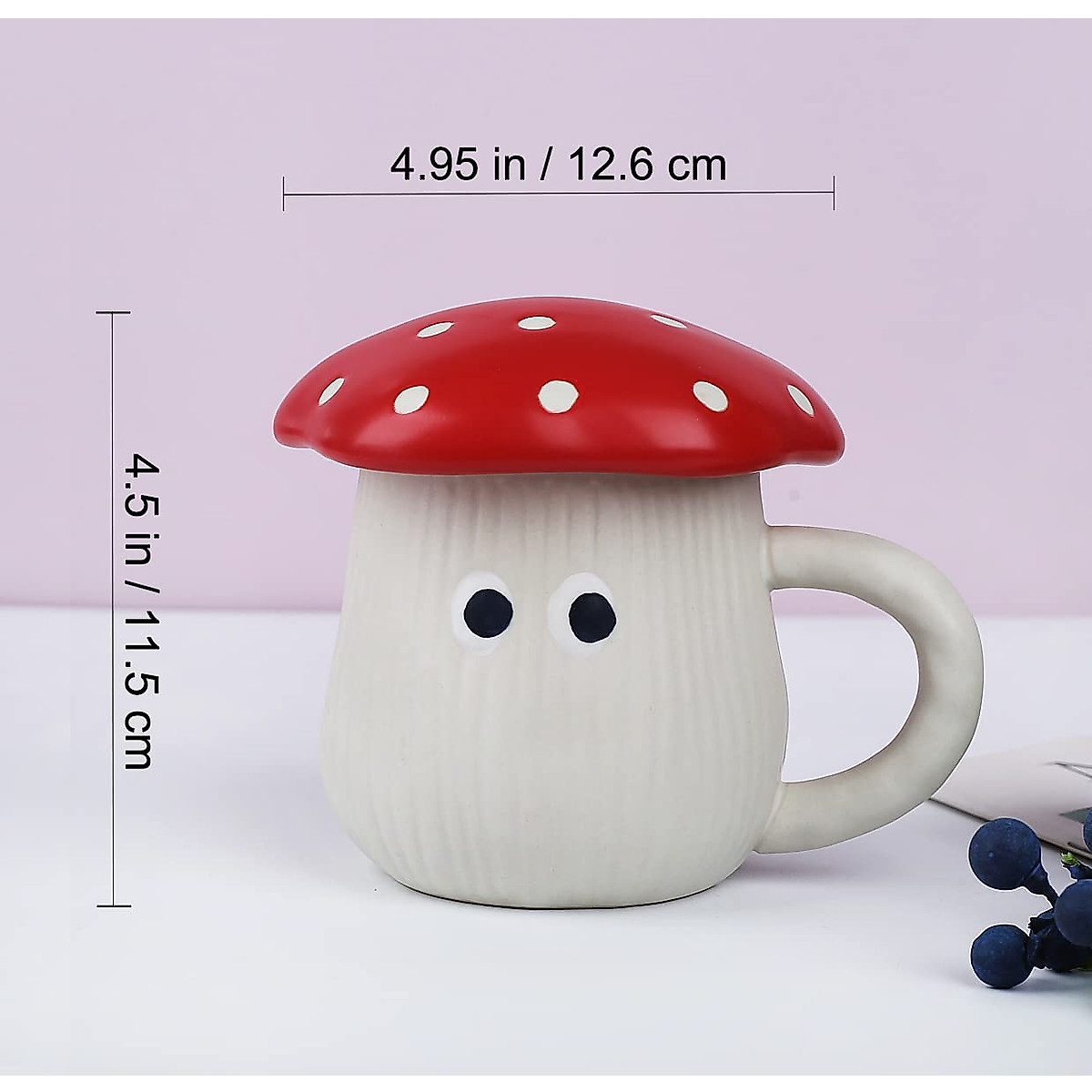 RESVUGA Cute Mushroom Mug with Lid, Handmade Glaze Cover & Eyes, Safety Matt Ceramic Milk Mugs, 12OZ Cartoon Tea Cup. Best Gifts for Women & Girls.
