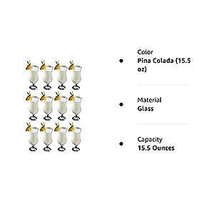 Epure Venezia Collection 12 Piece Hurricane Glass Set - Perfect for Drinking Pina Coladas, Cocktails, Full-Bodied Beer, Juice, and Water (Pina Colada (15.5 oz))