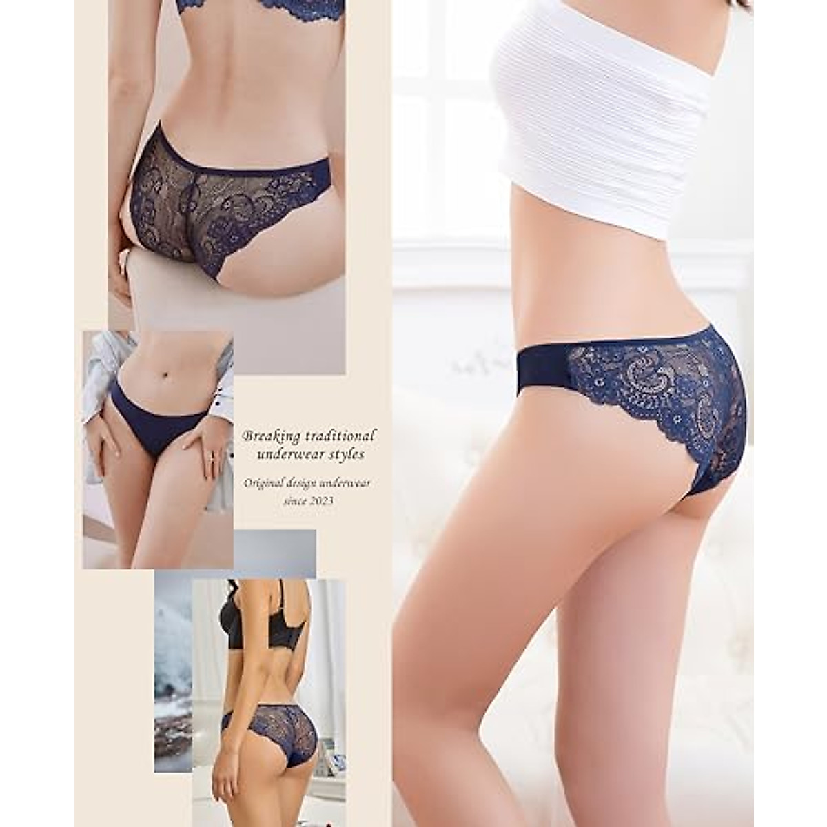 Kingfung Cheeky Underwear for Women Lace No Show Bikini Soft Breathe Seamless Panties Ladies Sexy Hipster (6Pack M)