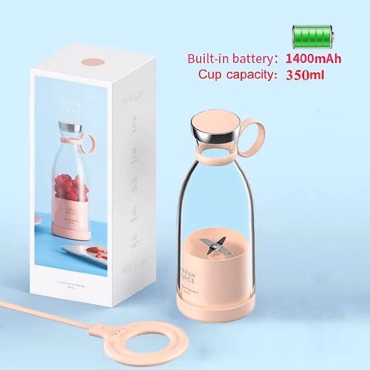 Portable Mini Blender with Wireless Charging for Home, Office & Outdoor 350ml, Spillproof, Travel Bottle for Juice, shakes and smoothies (PINK)