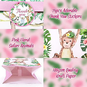 Safari Goodie Bags Jungle Party Favors Bags Pink Floral Wild Animals Treat Candy Gift Paper Bags with Thank You Stickers for Birthday Party Supplies Decorations Set of 24