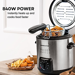 OVENTE Electric Deep Fryer 0.9 Liter Capacity, 840W Power with Locking Lid, Removable Stainless Steel Frying Basket, Adjustable Temperature Knob, Cool Touch Handles and Easy to Clean, Silver FDM1091BR