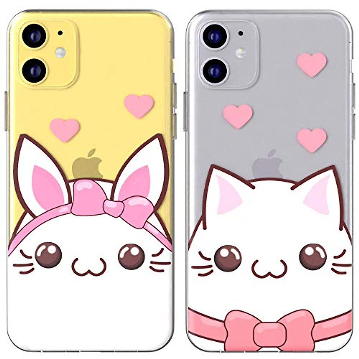 Toik Matching Couple Cases for Apple iPhone 11 Pro Xs Max Xr 10 X 8 Plus 7 6s 5s SE Kawaii Flexible Design Cat Clear Girlfriend Cute TPU Lovely Protective Gift Print Silicone Bow Bunny
