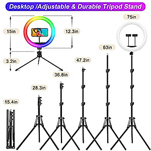 STALLY 12.3" RGB Ring Light with Stand 75 Tall and 2 Phone Holder, Remote Shutter, Tablet iPad Holder, Desk Tripod, Ring Light with 3 CCT Mode & 29 Color Modes for Live Stream/Makeup/YouTube/TikTok
