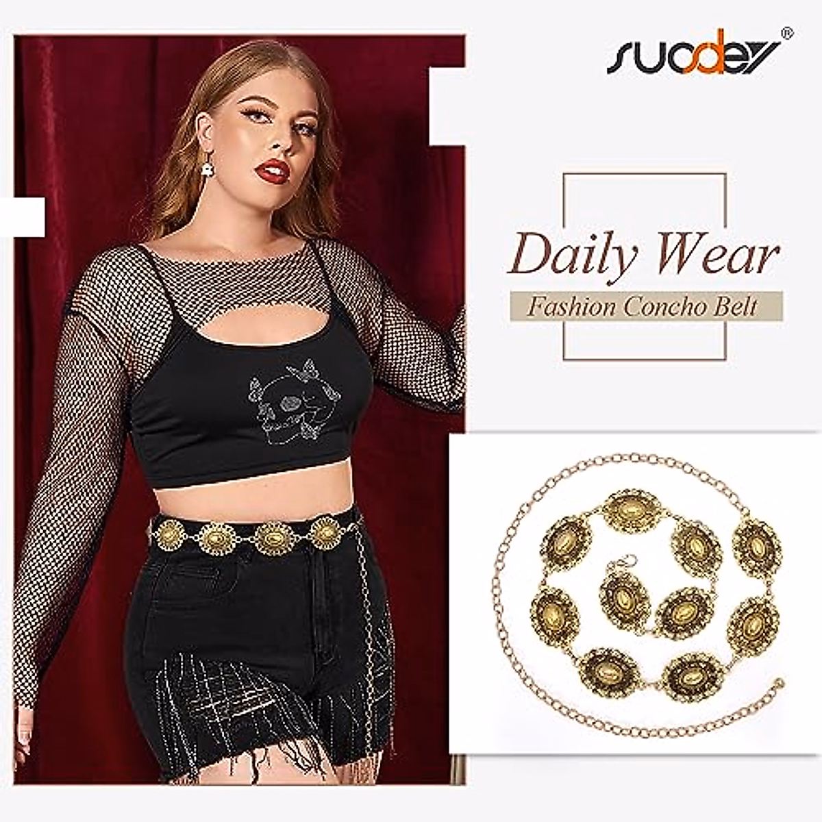 SUOSDEY Women Metal Waist Chain Belt Concho Western Cowgirls Country Belt for Jeans Dress