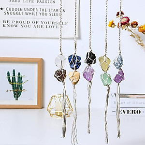 Runyangshi Natural Healing Crystal Hand Woven Net Bag Pendant Black Tourmaline Brazil Amethyst Rough Stone Mine Standard Car Hanging Ornaments Bohemian Style Reiki Energy Home Garden Decor