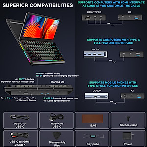 Kwumsy K3 Touchscreen Gaming Mechanical Keyboard - 82 Keys Portable USB Wired RGB LED Backlit N-Key Compact Keyboard, Keyboard With 13" Foldable 0-90 Degree Portable Screen, Plug and Play for Wins Mac