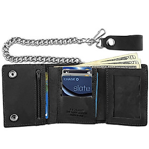 RFID Blocking Men's Tri-fold Vintage Biker Cowhide Leather Steel Chain Wallet,Snap closure, Made In USA,tc315-solid black
