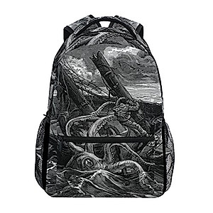 ZZKKO Sea Monster Kraken Black and White Boys Girls School Computer Backpacks Book Bag Travel Hiking Camping Daypack