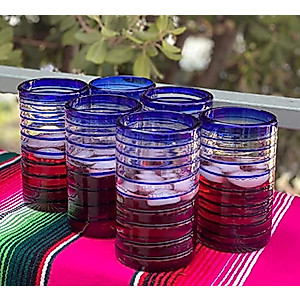 Hand Blown Mexican Drinking Glasses – Set of 6 Glasses with Cobalt Blue Spiral Design (14 oz each)
