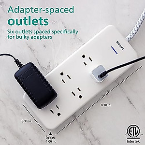 Philips EZFit 6-Outlet Surge Protector Power Strip, 8 Ft Braided Extension Cord, Widely Spaced Outlets, 1080 Joules, Flat Plug, for Home Office Dorm Essentials, White, SPC6066WB/37
