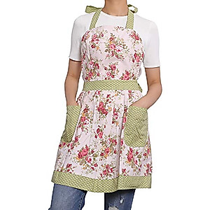 NEOVIVA Kitchen Aprons for Women with Pockets,Cooking Aprons for Women Vintage Apron for Baking BBQ and Gardening Floral Quartz Pink