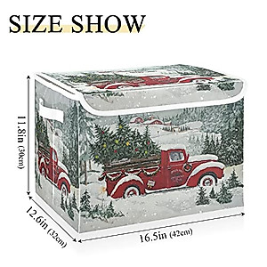 Retro Christmas Red Truck Storage Bins for Closet, Collapsible Storage Baskets with Lids and Handles for Shelves Closet Home Decor