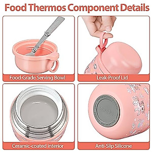 Healthlif 10oz Kids Soup Thermo for Hot Food Insulated Food Jar, Ceramic Coating Thermos Hot Food Lunch Container, Width Mouth Stainless Steel Lunch Box with Spoon(Pink Unicorn)