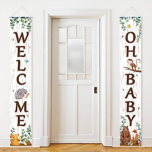 Outdoor Woodland Animal Porch Sign for Baby Shower Party Decorations Woodland Animal Baby Shower Banner Baby Hanging Banner for Home Boy or Girl Woodland Creatures Forest Welcome Part Supplies